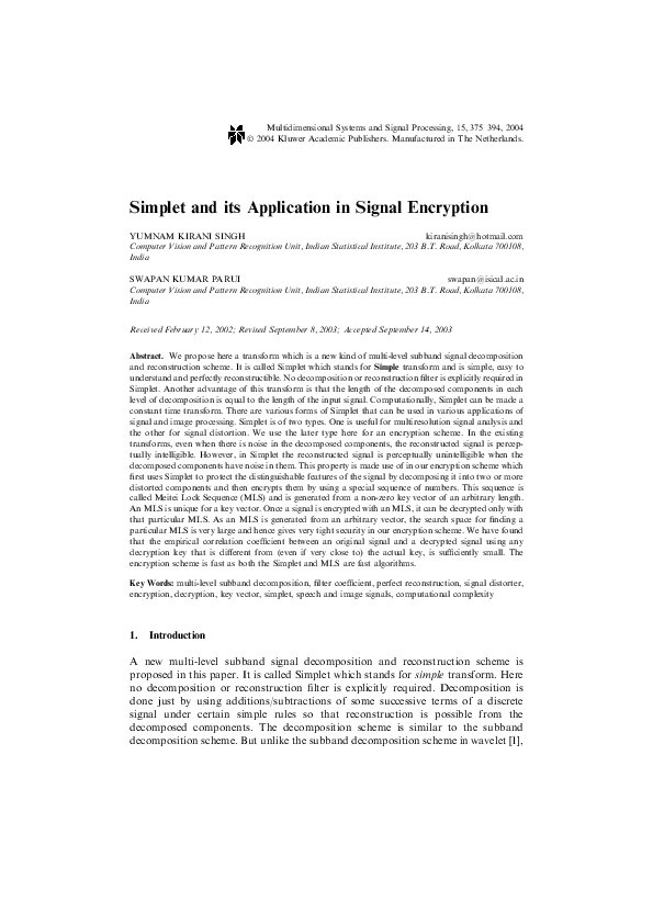 (PDF) Simplet and its Application in Signal Encryption