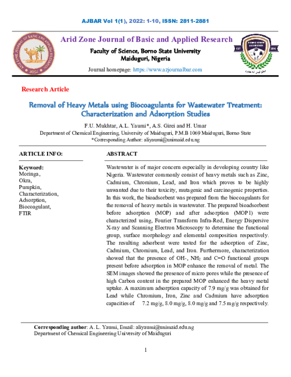 (PDF) Removal of Heavy Metals using Biocoagulants for Wastewater ...