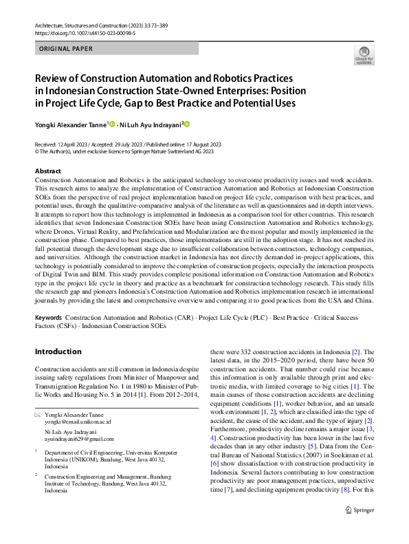 (PDF) Review of Construction Automation and Robotics Practices in Indonesian Construction State ...