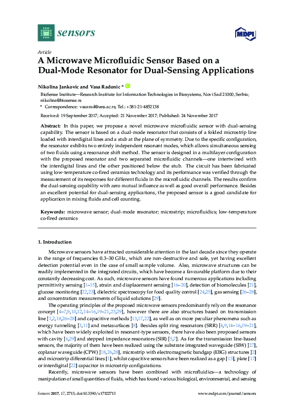 (PDF) A Microwave Microfluidic Sensor Based on a Dual-Mode Resonator for Dual-Sensing Applications