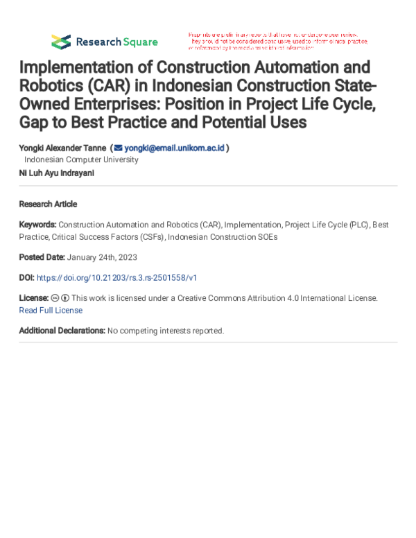 (PDF) Implementation of Construction Automation and Robotics (CAR) in Indonesian Construction ...