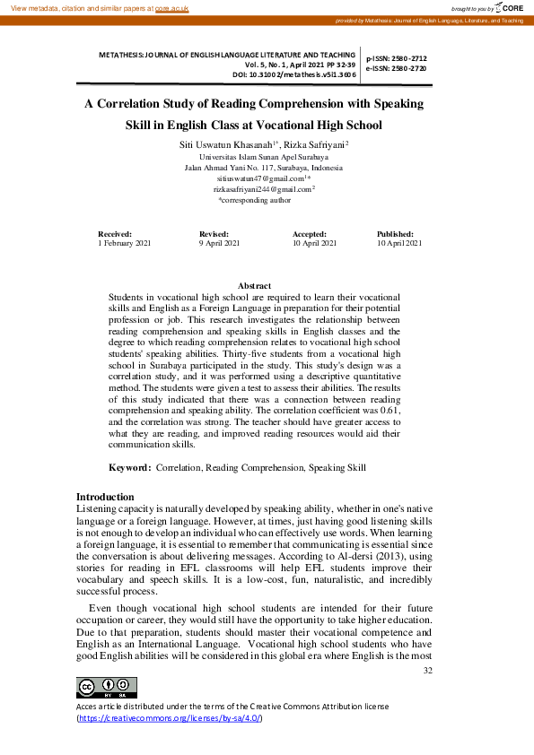 (PDF) A Correlation Study of Reading Comprehension with Speaking Skill ...