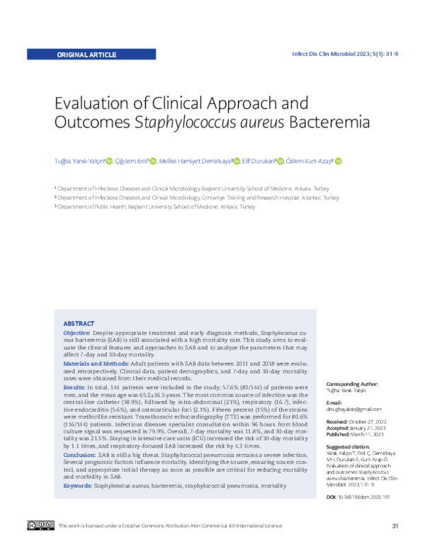 (PDF) Evaluation of Clinical Approach and Outcomes Staphylococcus aureus Bacteremia