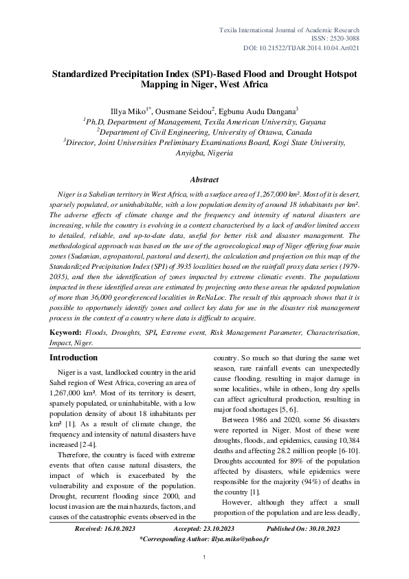 Pdf Standardized Precipitation Index Spi Based Flood And Drought Hotspot Mapping In Niger