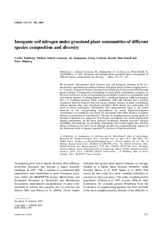 (PDF) Inorganic soil nitrogen under grassland plant communities of different species composition ...