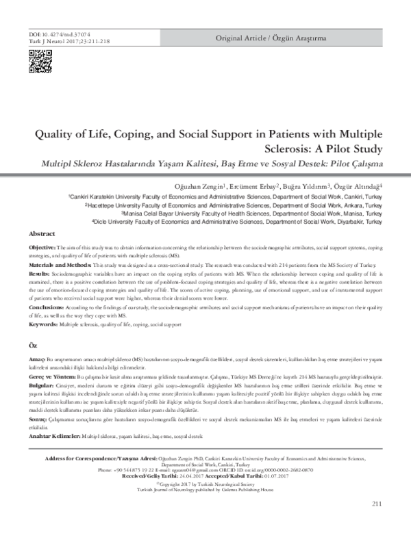 (PDF) Quality of Life, Coping, and Social Support in Patients with Multiple Sclerosis: A Pilot Study
