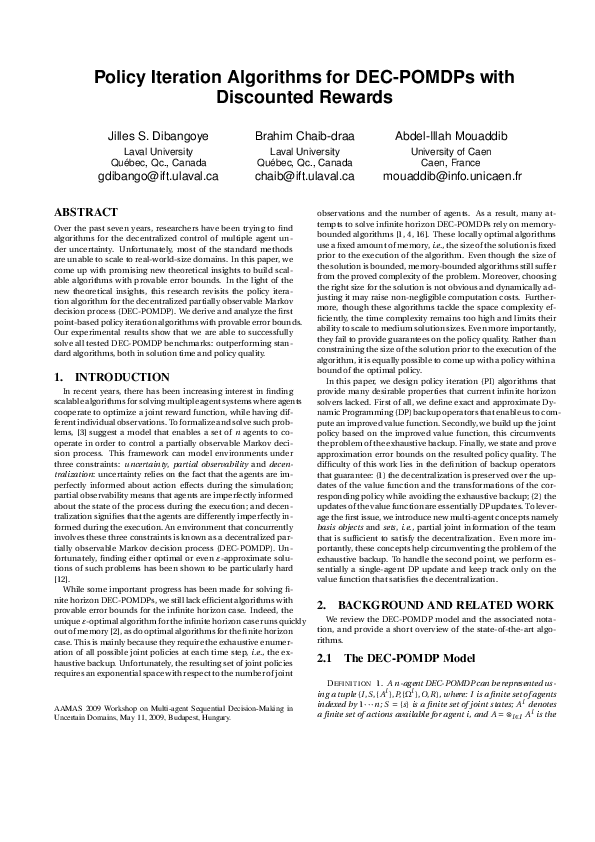 Pdf Scalable Policy Iteration For Dec Pomdps