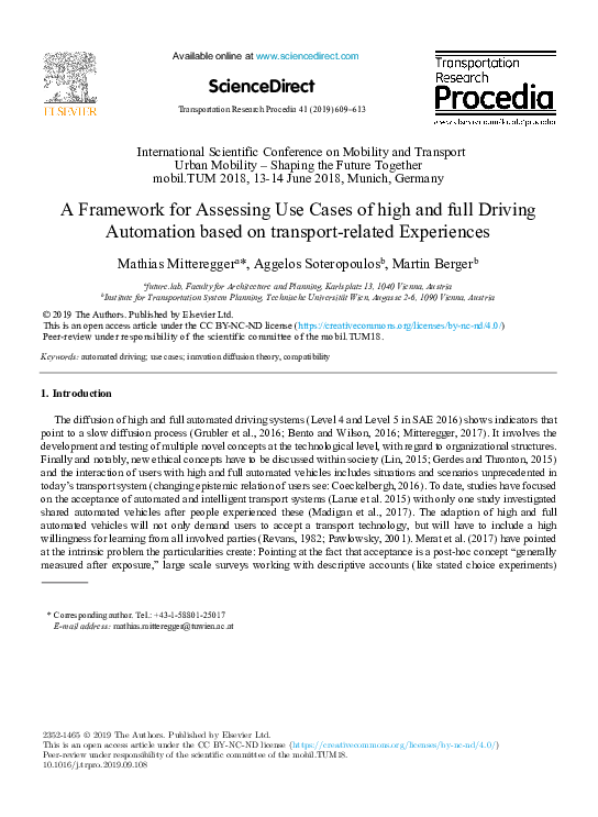 Pdf A Framework For Assessing Use Cases Of High And Full Driving