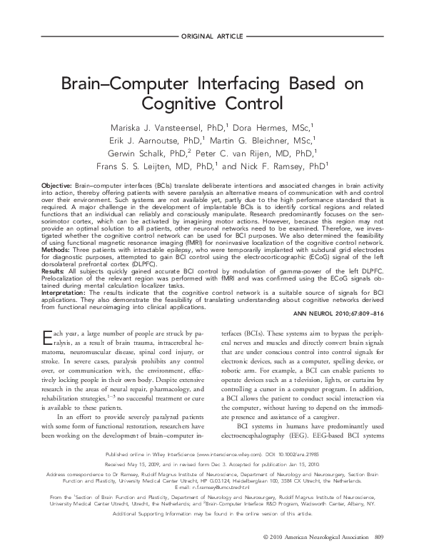 (PDF) Brain-computer interfacing based on cognitive control