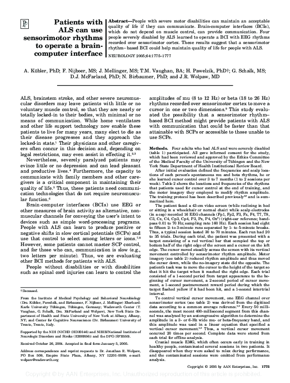 Pdf Patients With Als Can Use Sensorimotor Rhythms To Operate A Brain