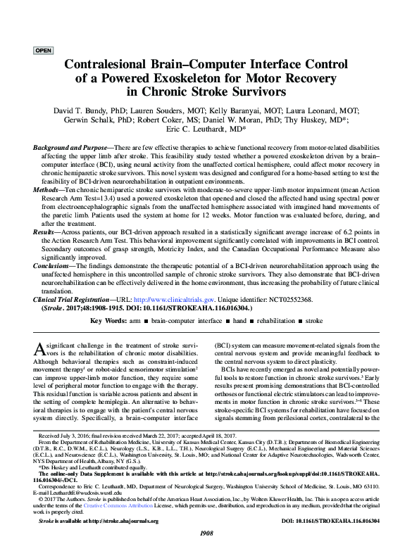 (PDF) Contralesional Brain-Computer Interface Control of a Powered Exoskeleton for Motor ...