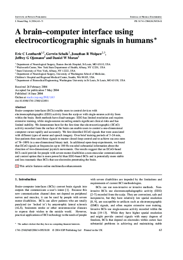 (PDF) A brain–computer interface using electrocorticographic signals in humans