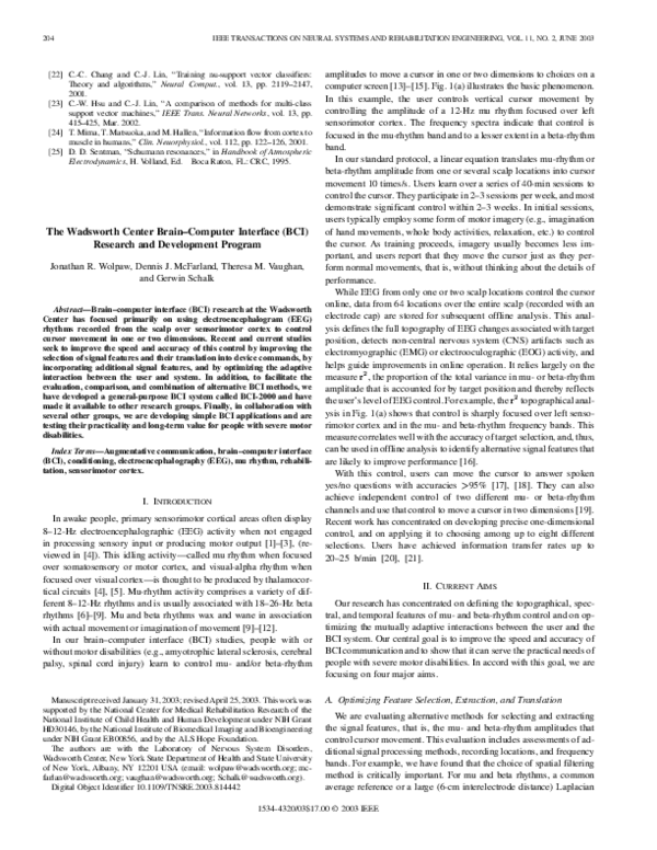(PDF) The Wadsworth Center brain-computer interface (BCI) research and development program ...