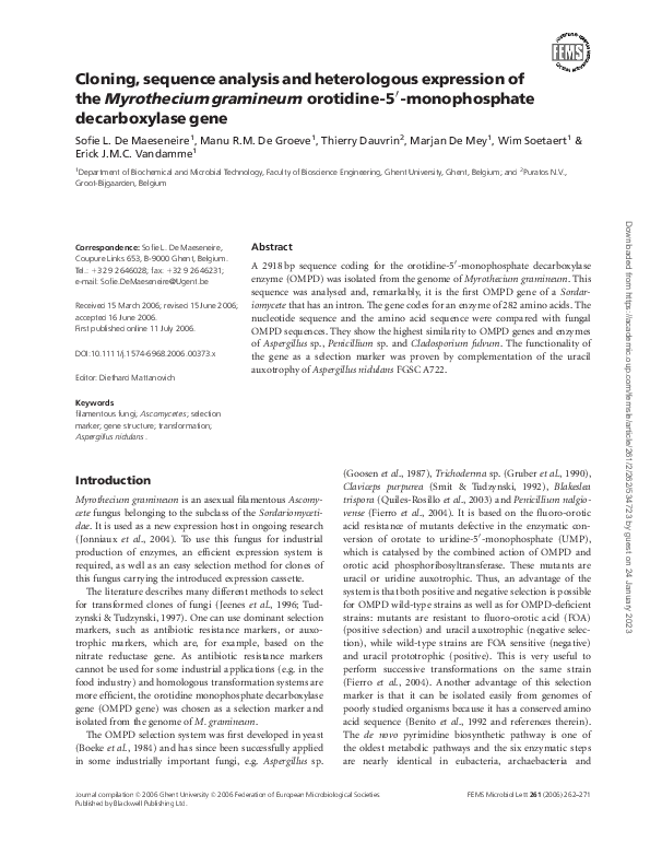 (PDF) Cloning, sequence analysis and heterologous expression of the Myrothecium gramineum ...