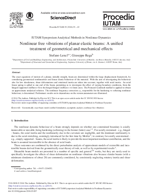 Pdf Nonlinear Free Vibrations Of Planar Elastic Beams A Unified Treatment Of Geometrical And