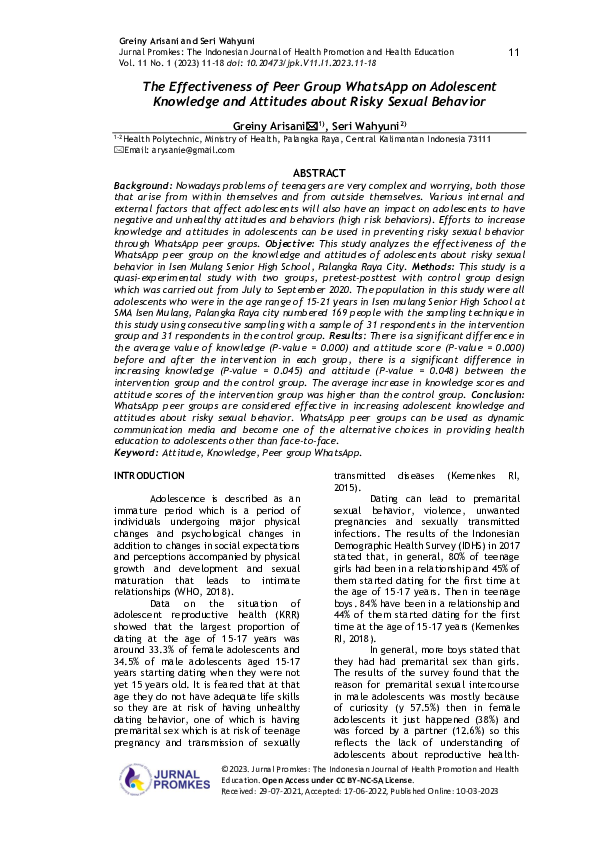 (PDF) The Effectiveness of Peer Group WhatsApp on Adolescent Knowledge and Attitudes about Risky ...