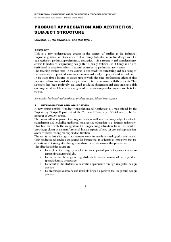 (PDF) Product Appreciation and Aesthetics, Subject Structure
