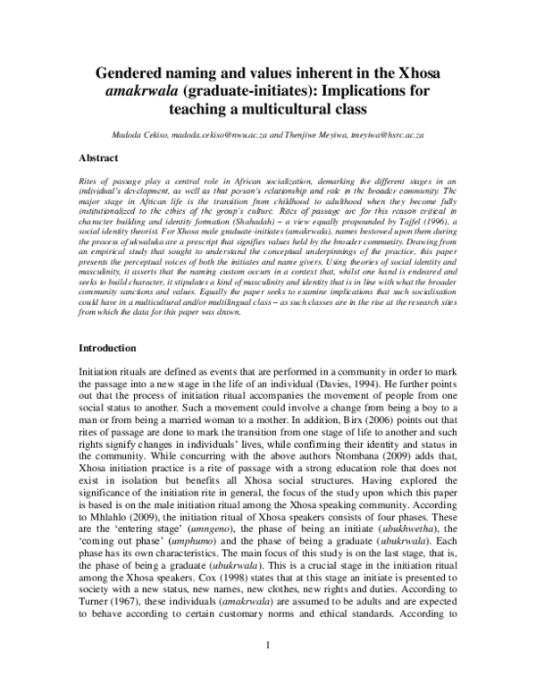 (PDF) Gendered naming and values inherent in the Xhosa amakrwala ...