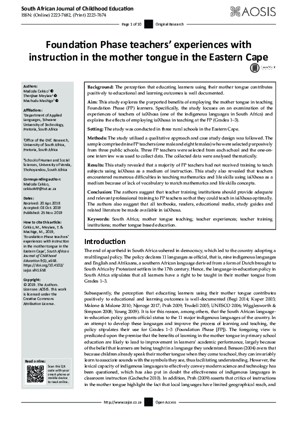 (PDF) Foundation Phase teachers’ experiences with instruction in the ...