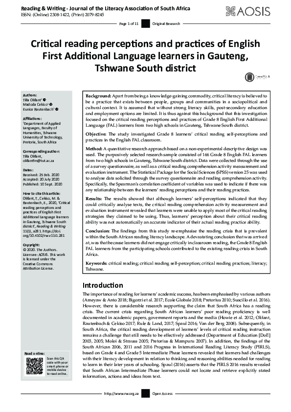 (PDF) Critical reading perceptions and practices of English First ...