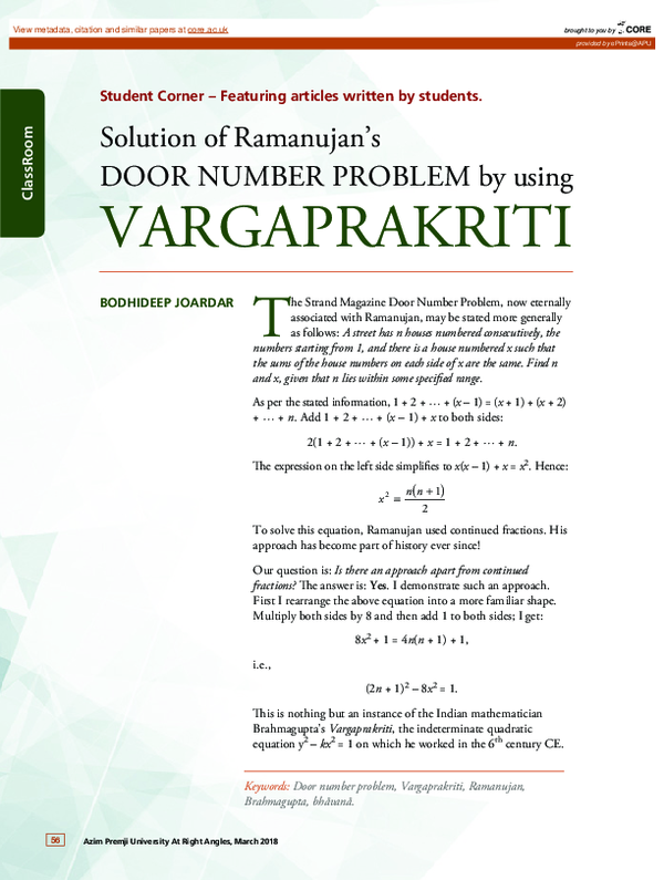 (PDF) Solution of Ramanujan’s door number problem by using vargaprakriti