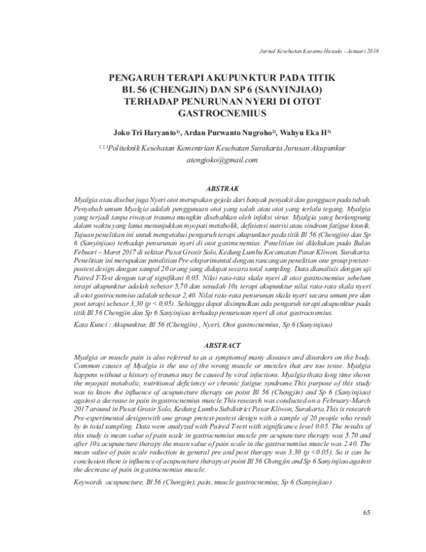 (PDF) Pengaruh Terapi Akupunktur Pada Titik BL 56 (Chengjin) Dan SP 6 ...