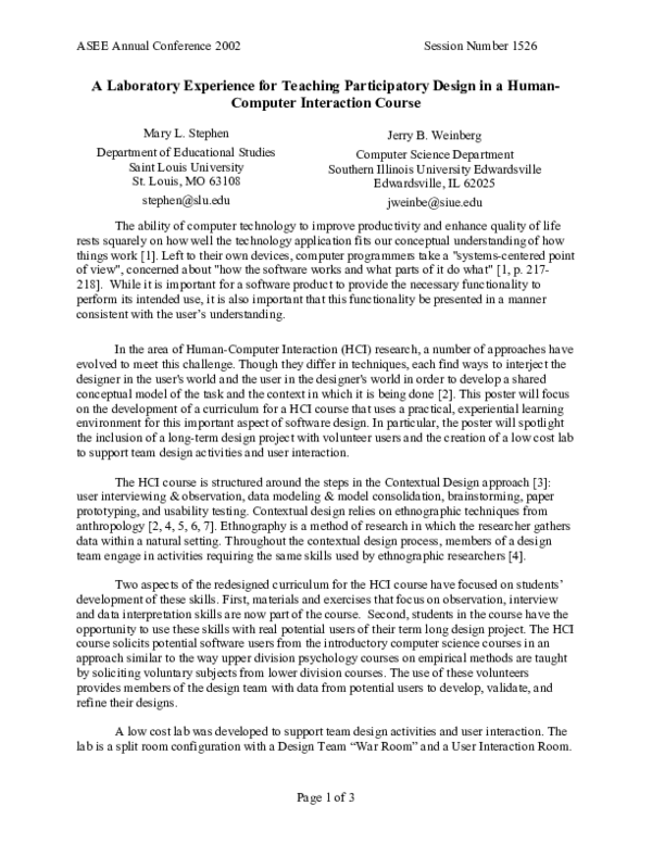 (PDF) Laboratory Experience For Teaching Participatory Design In A Human Computer Interaction Course