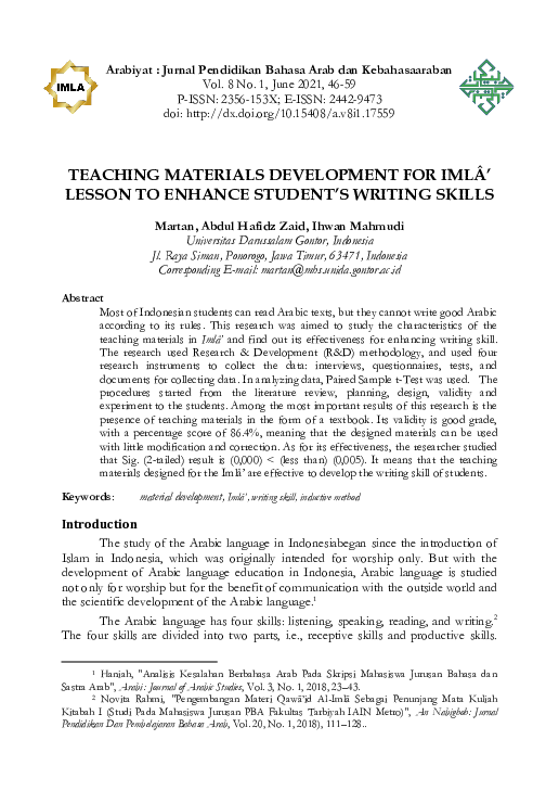 (PDF) Teaching Materials Development for Imlâ’ Lesson to Enhance Student’s Writing Skills