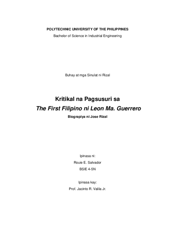 (PDF) (Critical Paper) - Kritikal na Pagsusuri sa The First Filipino ni ...