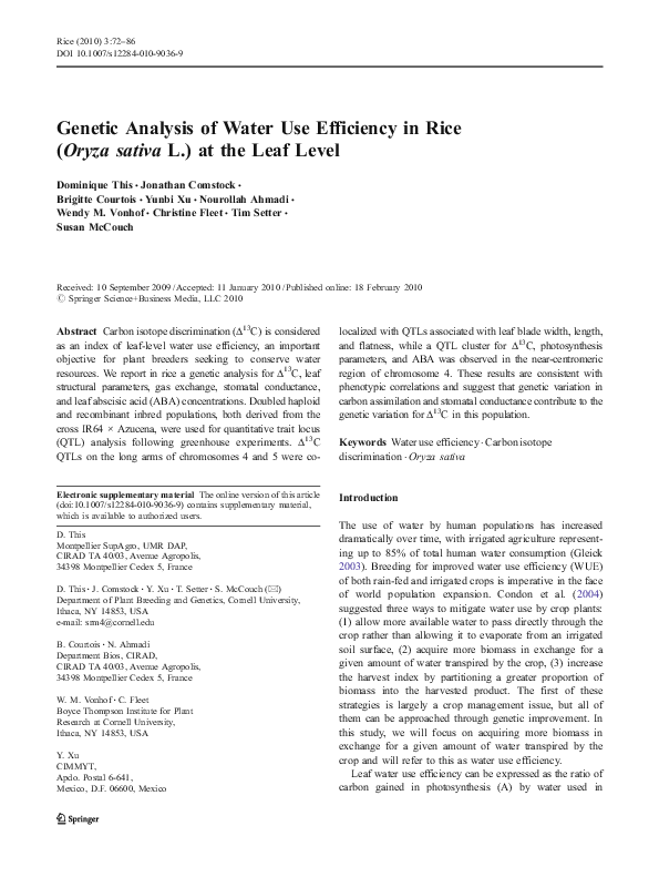 Pdf Genetic Analysis Of Water Use Efficiency In Rice Oryza Sativa L At The Leaf Level