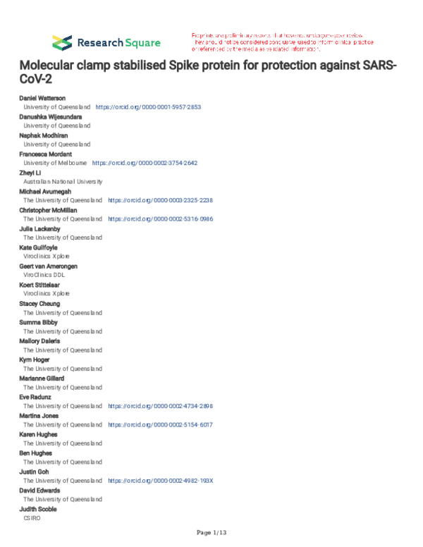 (PDF) Molecular clamp stabilised Spike protein for protection against ...