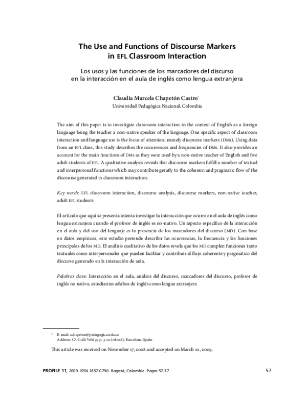 (PDF) The Use and Functions of Discourse Markers in EFL Classroom Interaction