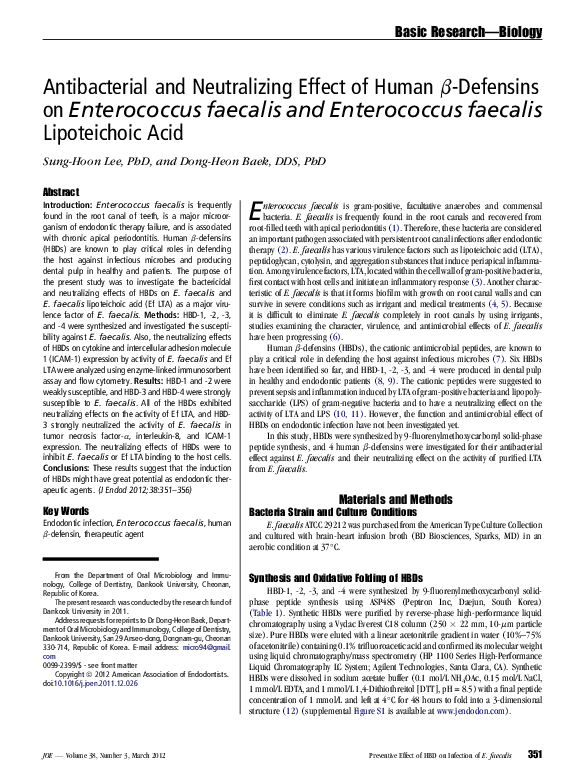 (PDF) Antibacterial and neutralizing effect of human β-defensins on Enterococcus faecalis and ...