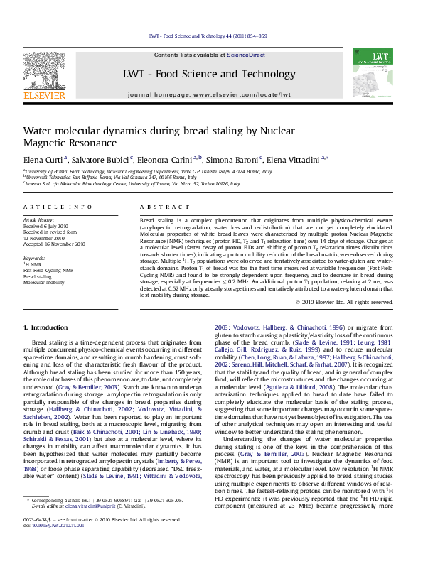 (PDF) Water molecular dynamics during bread staling by Nuclear Magnetic Resonance
