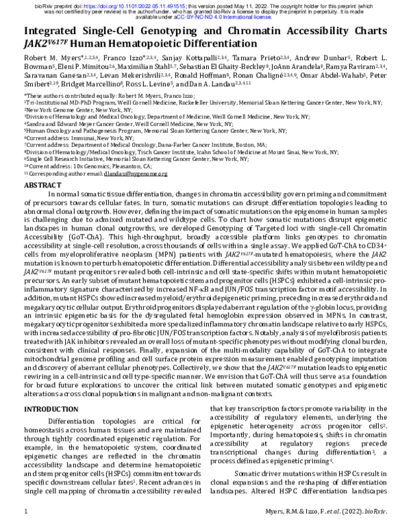 (PDF) Integrated Single-Cell Genotyping and Chromatin Accessibility Charts JAK2 V617F Human ...