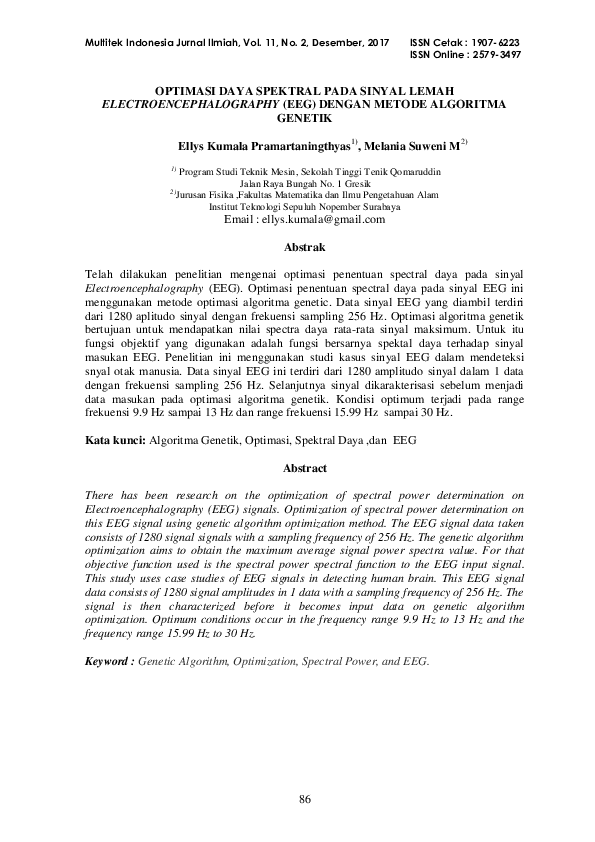 (PDF) Optimasi Daya Spektral Pada Sinyal Lemah Eeg Dengan Metode Algoritma Genetik