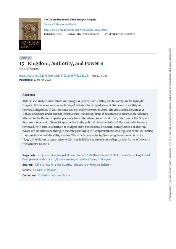 (PDF) Kingdom, Authority, and Power (in the Synoptic Gospels)