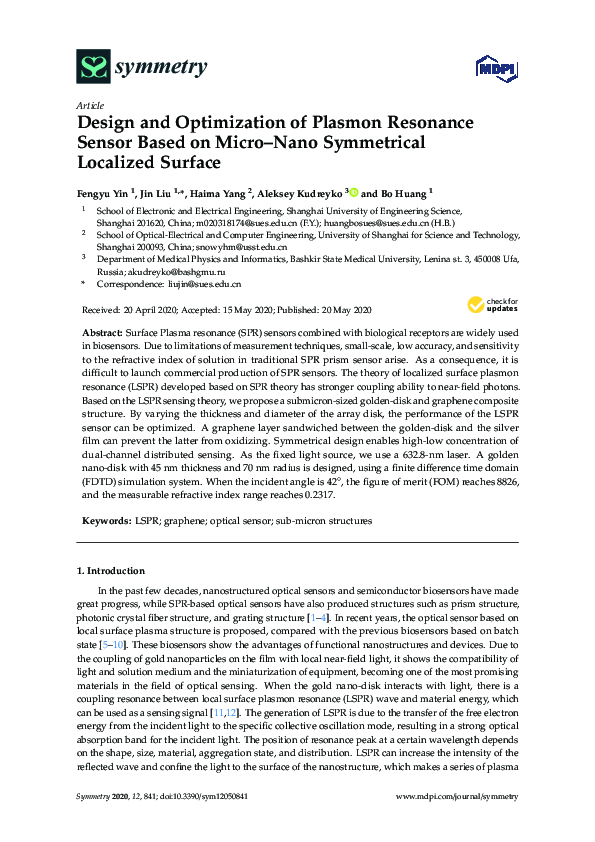 (PDF) Design and Optimization of Plasmon Resonance Sensor Based on Micro–Nano Symmetrical ...