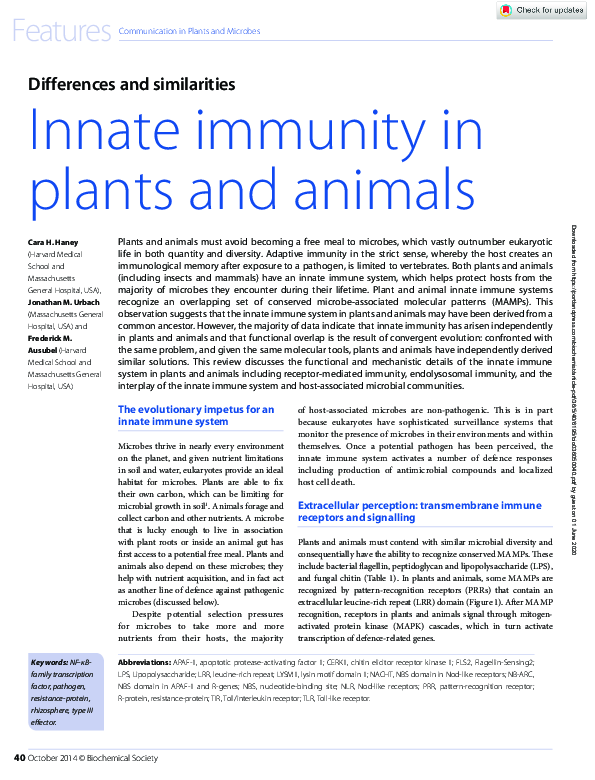 (PDF) Innate immunity in plants and animals: Differences and similarities | Jonathan Urbach ...