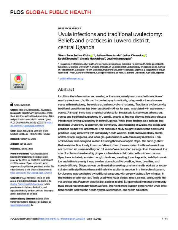 (PDF) Uvula infections and traditional uvulectomy: Beliefs and ...