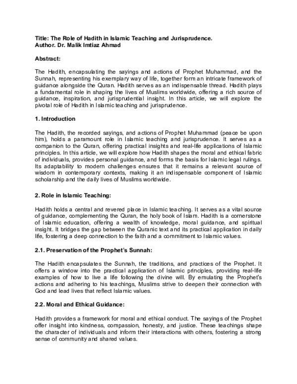 (DOC) Title: The Role of Hadith in Islamic Teaching and Jurisprudence