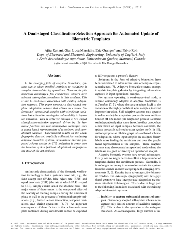 Pdf A Dual Staged Classification Selection Approach For Automated Update Of Biometric Templates