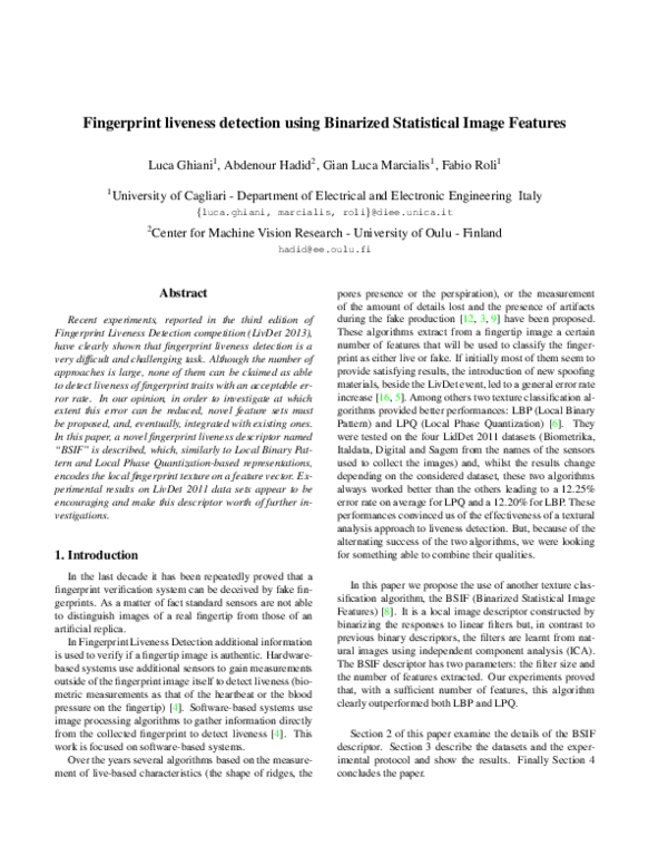 Pdf Fingerprint Liveness Detection Using Binarized Statistical Image Features Gian Luca