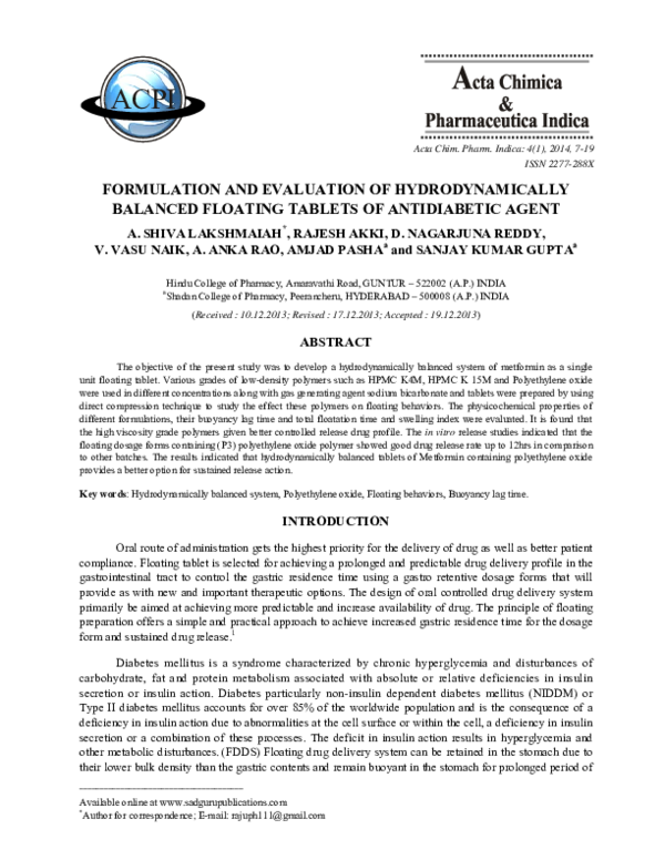 (PDF) FORMULATION AND EVALUATION OF HYDRODYNAMICALLY BALANCED FLOATING ...