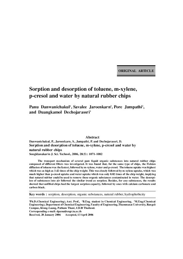 (PDF) Sorption and desorption of toluene, m-xylene, p-cresol and water ...