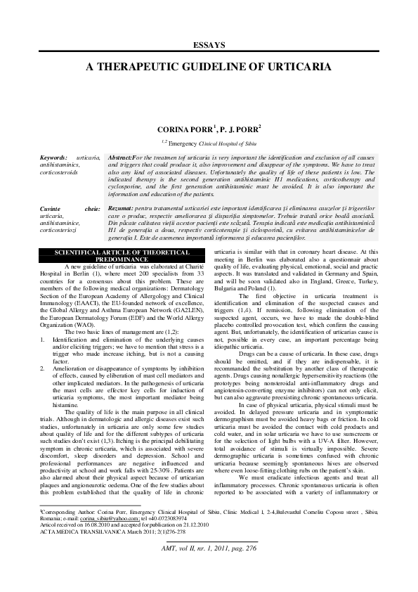 (PDF) A Therapeutic Guideline of Urticaria