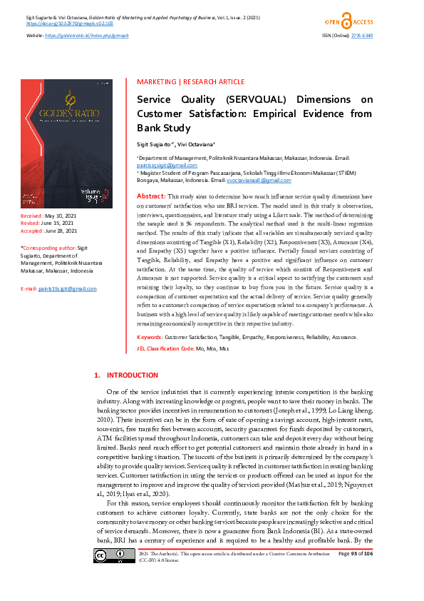 Pdf Service Quality Servqual Dimensions On Customer Satisfaction