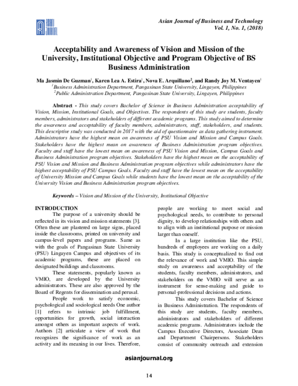 (PDF) Acceptability and Awareness of Vision and Mission of the ...