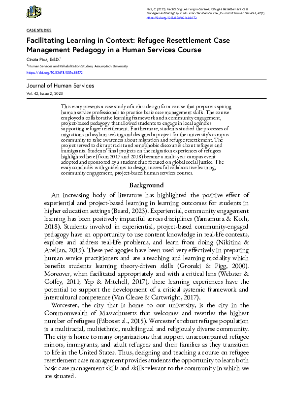 (PDF) Facilitating Learning in Context: Refugee Resettlement Case Management Pedagogy in a Human ...