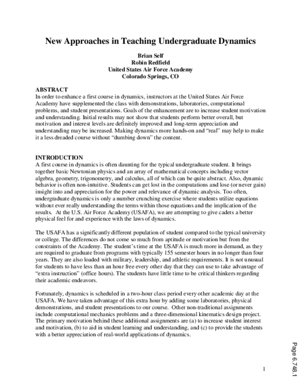(PDF) New Approaches In Teaching Undergraduate Dynamics